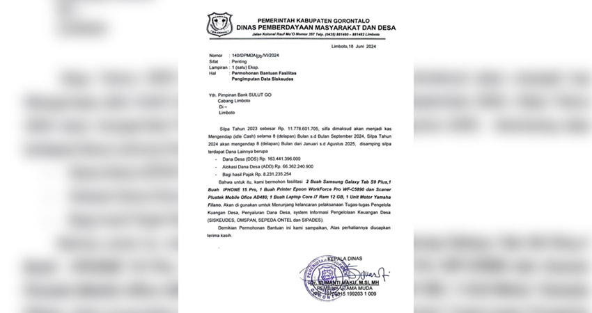 Surat Permintaan Fasilitas Dinas PMD ke BSG Viral - Gorontalopost.co.id